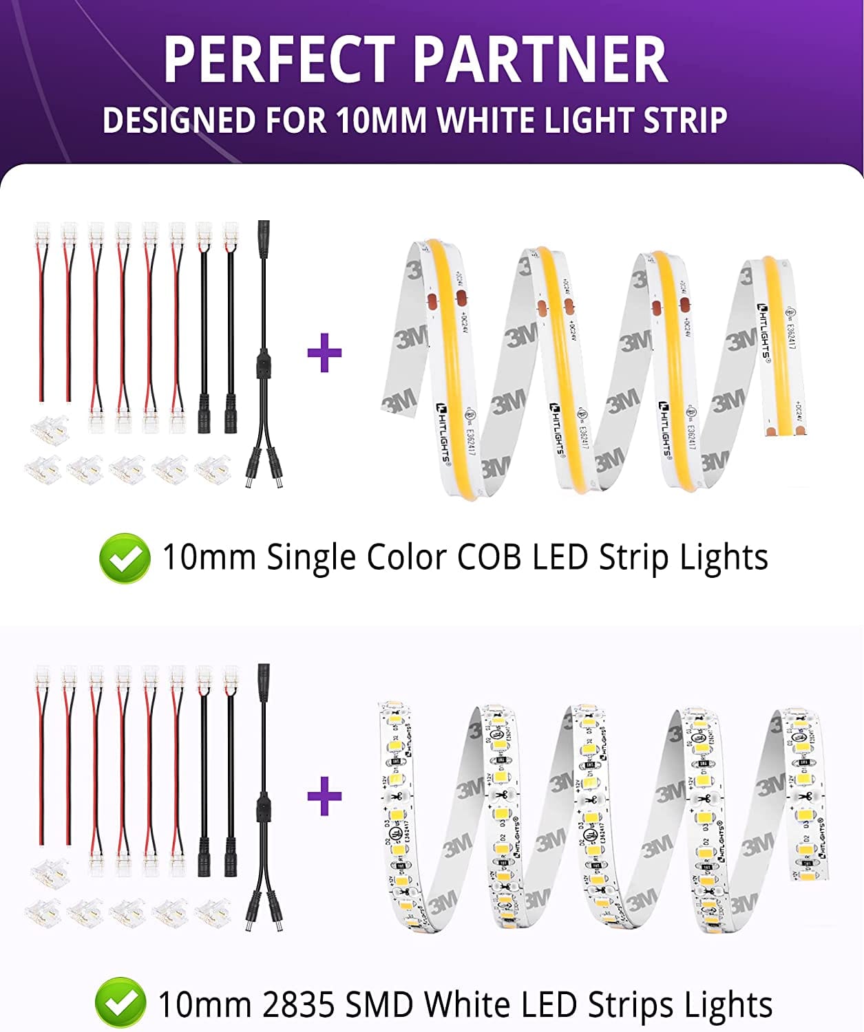 2Pin 10mm LED Connector Kit: Gapless Connector, Jumper Connector, Pigt