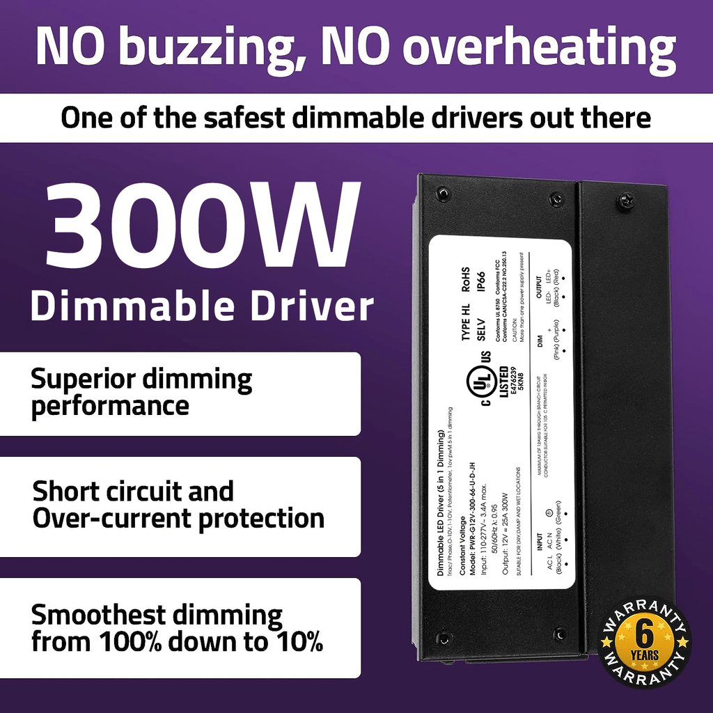 12V LED Dimmable Driver 300W 5-in-1 Waterproof UL Listed